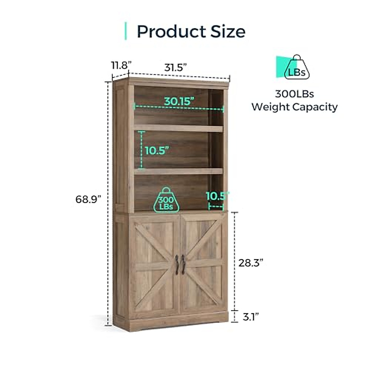 Farmhouse Bookshelves and Bookcases with Doors, Floor Standing 5 Shelf Display Storage Shelves, 69 in Tall Bookcase for Home Office, Living Room, Brown