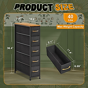 EKNKOZY Narrow Dresser Storage Tower with 5 Drawers, Slim Dresser Chest of Drawers with Steel Frame, Wood Top, Dresser for Bedroom, Bathroom, Small Spaces, Laundry, Closet, Black