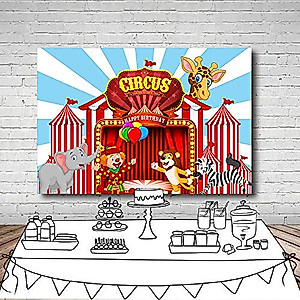 MEHOFOND Circus Birthday Photo Studio Booth Background Red Stripes Animals Circus Carnival Kids Happy Birthday Party Decorations Backdrops Banner for Photography 7x5ft