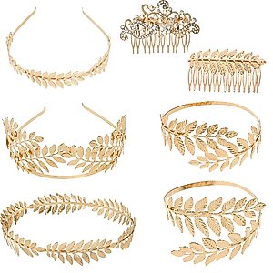 OFNMY 7 Pieces Greek Roman Laurel Leaf Bracelet Armband Golden Laurel Leaves Crown Tiara Costume Accessories Womens Leaf Headband Coil Bracelet Hair Comb Bridal Wedding