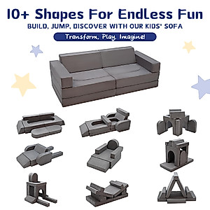 Kinevoli 10pcs Modular Kids Play Couch, Toddler Sectional Sofa for Playroom Bedroom, Convertible Foam and Floor Cushion for Boys & Girls, Gray