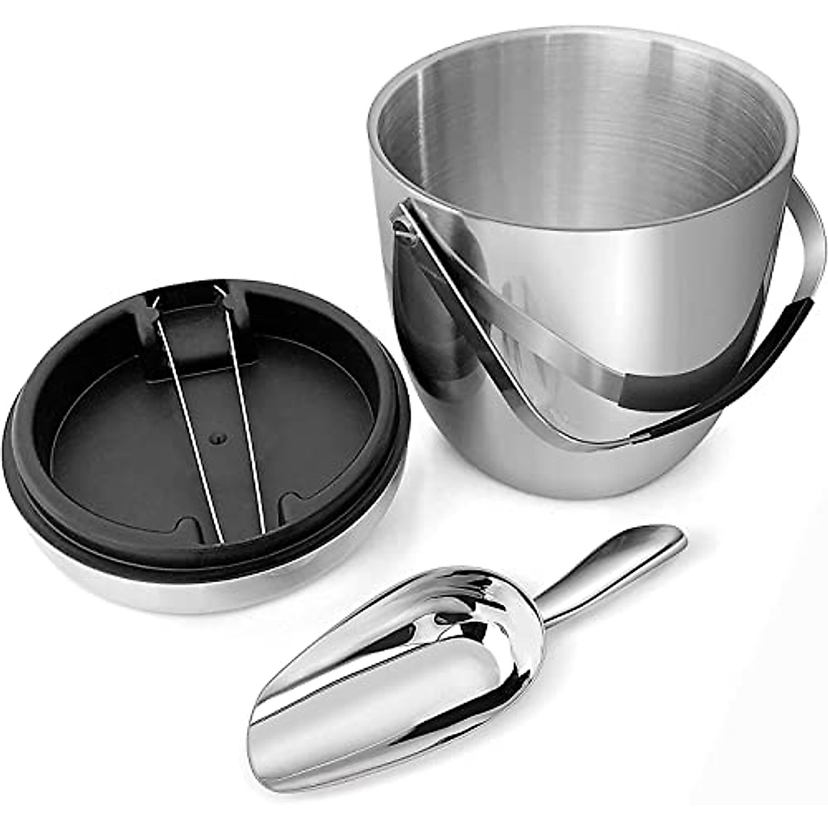 Fortune Candy Insulated Ice Bucket - Double Walled Stainless Steel Ice Bucket with Ice Tongs, Scoop, Lid, and Exclusive Handmade Nylon Holder - 2.8 L, Silver/Navy Blue