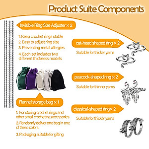 EACTEL 6 Pack Adjustable Crochet Ring for Finger Yarn Guide, Peacock Cat Vintage Knitting Crochet Rings for Tension, Crochet Finger Yarn Tension Ring