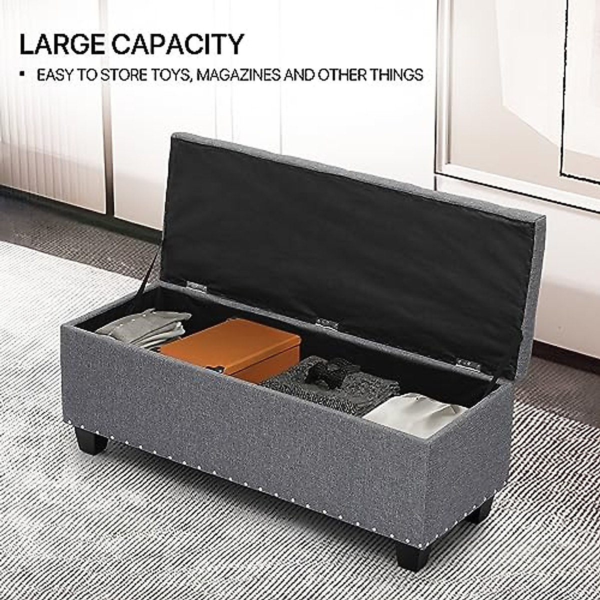 MoNiBloom 42 Inch Long Storage Ottoman for Bedroom, Contemporary Grey Linen Tufted Bench Footrest Foot Stool Upholstered Rectangular Ottoman with 40L Inner Space, 660 Lbs Capacity