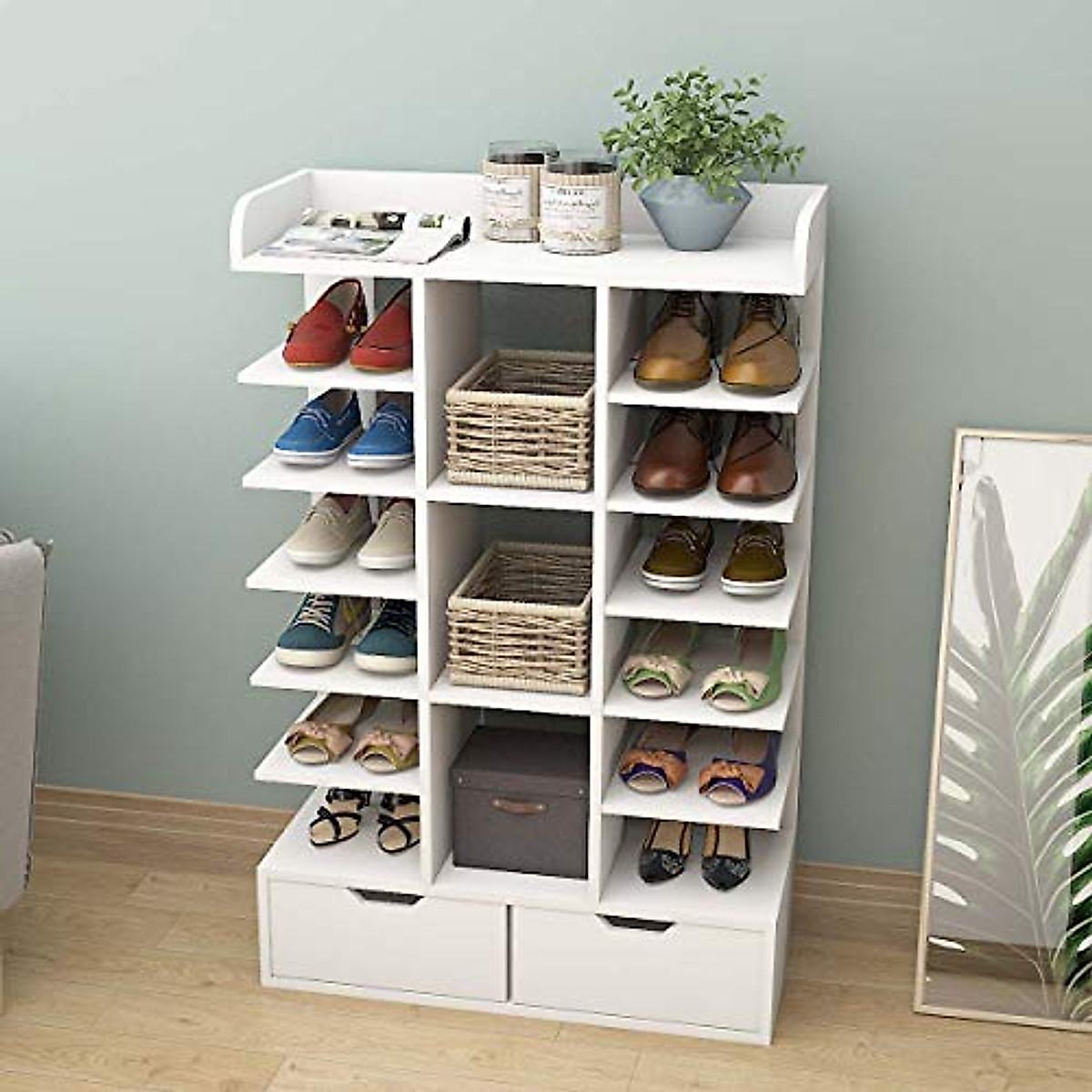 BURENMTO Shoe Rack Shoe Organizer Shoe Storage, 6 Tiers Wooden Shoe Rack for Entryway Shoe Organizer for Closet Holds 15 Pairs Shoes Space Saving Shoe Shelf Stand with 2 Drawers