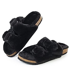 FITORY Womens Open Toe Slipper with Cozy Lining,Faux Rabbit Fur Cork Slide Sandals Black Size 9