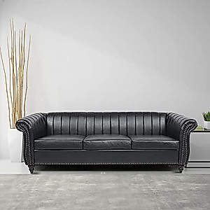 Leather Chesterfield Sofa Couch for Living Room, 84" 3 Seater Upholstered Sofa with Tufted Cushion and Back Rolled Armrests for Home Furniture, Modern Black