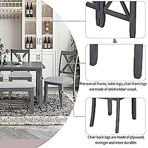 6 Pieces Dining Table Set, Wood Rectangle Table and 4 Chairs with Bench with Cushion, Kitchen Table Chairs Set for 6 Persons (Gray)
