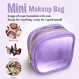 Mini Clear Travel Makeup Organizer Bag for Purse, Small Cute Makeup Bag Preppy Cosmetic Zipper Pouch Purse, Transparent PVC & Nylon Travel Coin Pouch Sanitary Napkin Storage Bag for Women Girl(Purple)