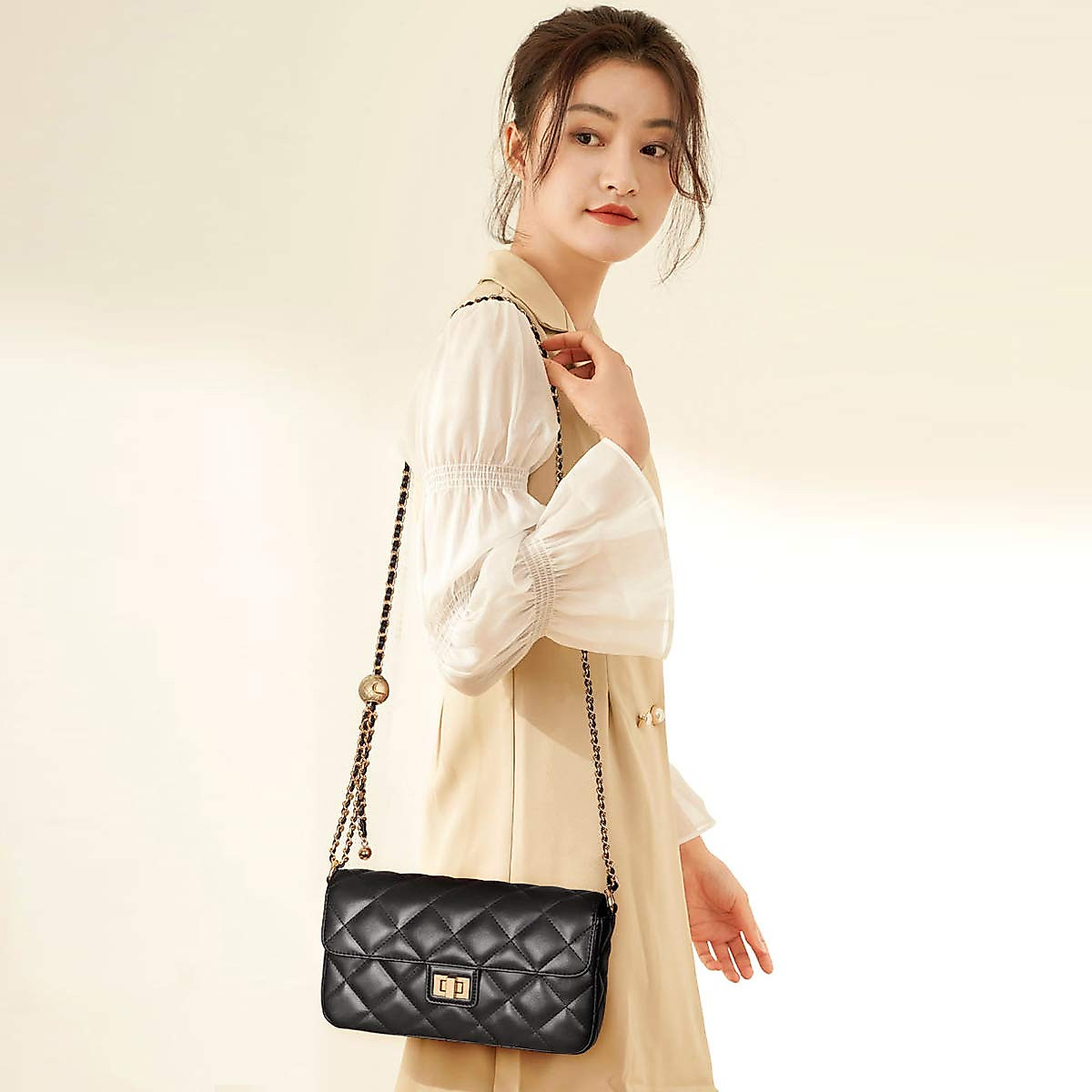 Small Leather Crossbody Bag for Women Split Cowhide Lady Quilted Shoulder Purse and Handbag Girl Classy High End Look Bag (Black)