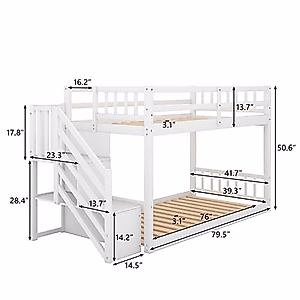 CNFZLIYUER Twin Over Twin Floor Bunk Bed with Stairs and Storage Shelves, Wood Kids Bunk Bed with Full-Length Guard Rail, Stairway Low Bunk Beds Twin Over Twin for Bedroom Dorm (White)