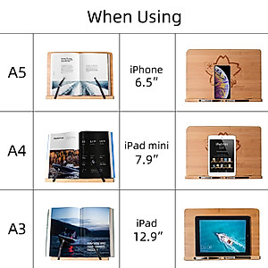 wishacc Bamboo Book Stand Cookbook Holder with 5 Adjustable Height 13.2 x 9.2"