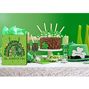 WaaHome St. Patricks Day Gift Bag with Handle 11.5''x9''x5'' Green Shamrock Clover Gift Bags with Tissue Paper, Happy St. Patrick's Day Wrapping Paper Gift Bag for Kids Family Friends