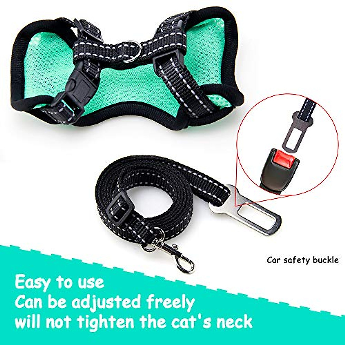 AWOOF Reflective Kitten Harness and Leash Escape Proof with Car Seat Belt, Adjustable Cat Puppy Walking Jacket with Metal Leash Ring, Soft Breathable Small Pet Vest (S)