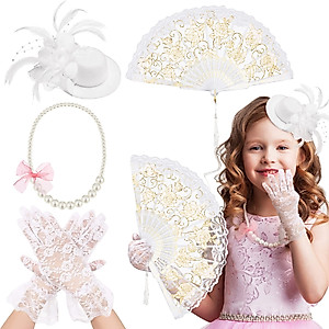 Sintege 4 Pcs Girls Tea Party Set Tea Party Gloves Hats Necklace Fans for Girls(White)