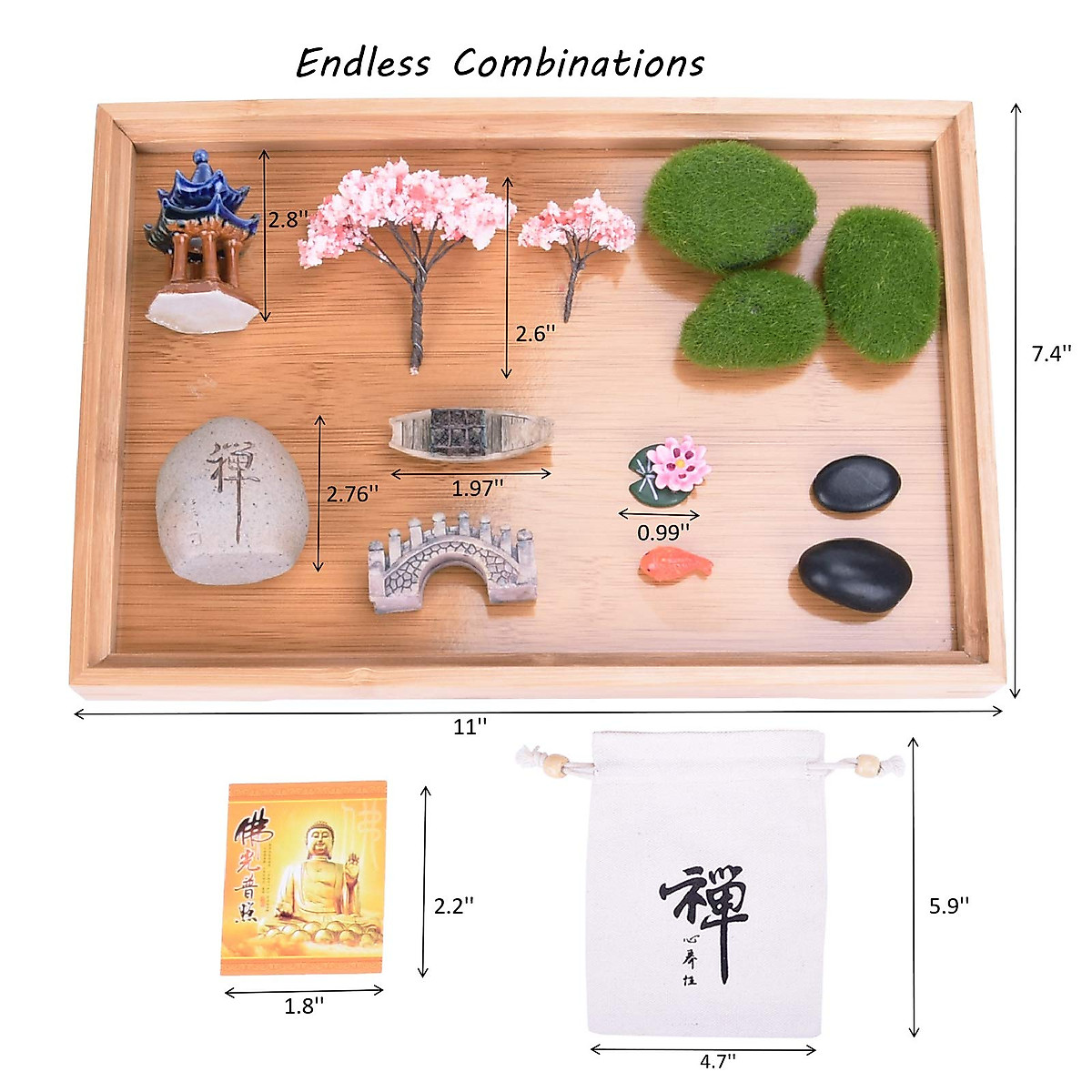 Japanese Zen Garden - Home & Office Desk Mini Garden with Rock Vase Fish Bridge Boat Cherry Trees - Meditation Gift Set for Relaxation - 3 Rake Tools and Zen Accessories (Rectangular)