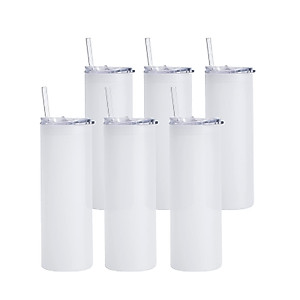PYD Life Sublimation Glass Blanks Skinny Tumbler Frosted 25 OZ Straight Tumbler Coffee Juice Cups with Lid and Glass Straw for Tumbler Press Sublimation Print 6 Pack