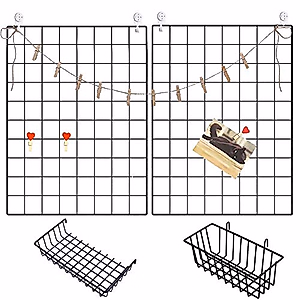 GBYAN 2 Pack Wall Grid Panels with Baskets Photo Display Wire Wall Organizer for Hanging Memo, Picture