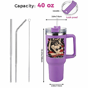 40 Oz Insulated Tumbler with Handle and Straw,Patriotic Wolf Stainless Steel Vacuum Insulated Travel Mug,Leak-proof Water Bottle Iced Coffee Cup,Vintage American Flag Animal