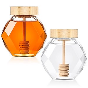 Umigy 2 Pcs 8 oz Glass Honey Dispenser with Wooden Spiral Drip Dipper Clear Hexagon Shape Small Honey Container with Dipper and Lid for Home Storage Syrup Kitchen