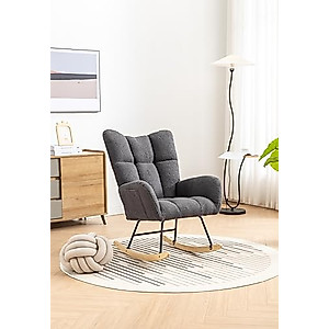 EVURU Soft Teddy Velvet Rocking Chair for Nursery - Comfy Wingback Glider with Solid Wood Base - Casual Style, Ideal for Living Room, Bedroom, or Balcony (Grey)