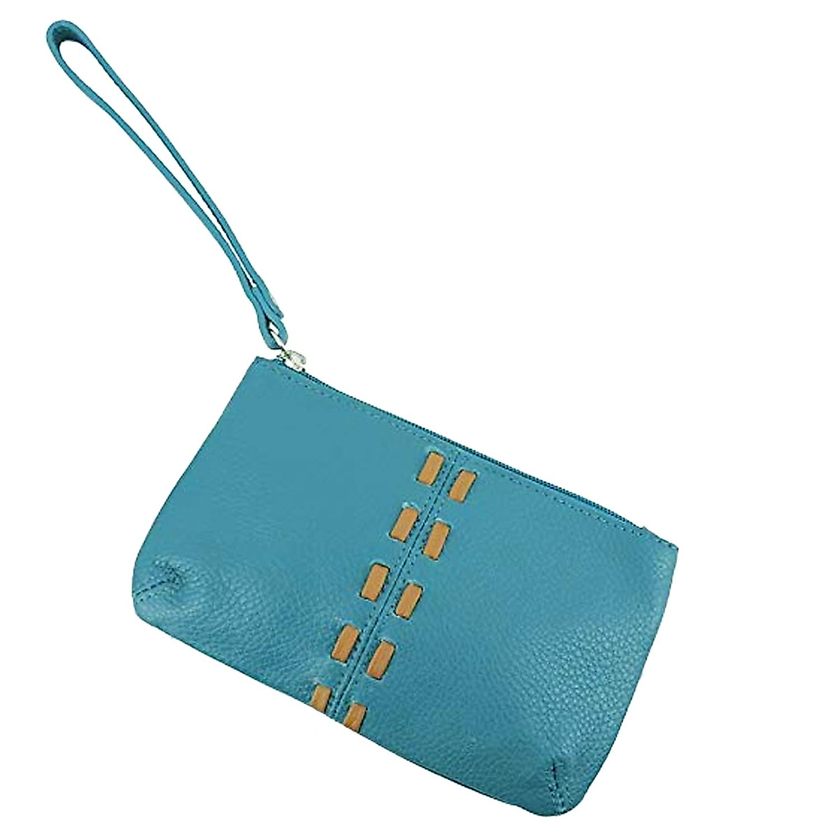 SILVERFEVER Cowhide Leather Wristlet Purse Wallet Whipstitched Detail (Turquoise)