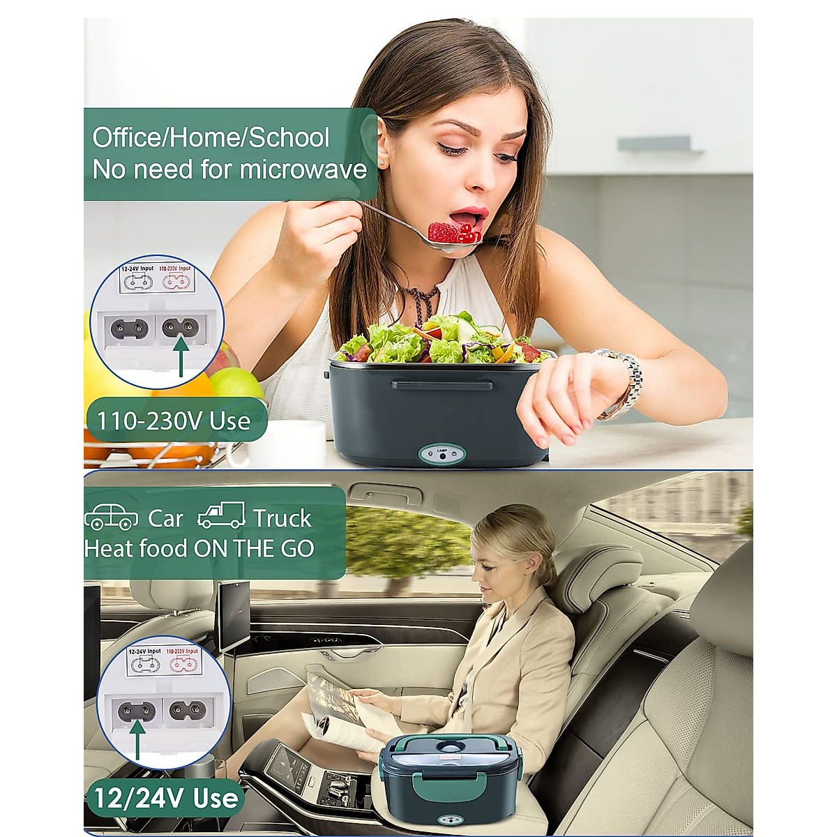 Andmenow 80W Faster Electric Lunch Box, Home Office Truck Car Food Warmer, Portable Food Heater with 304 Stainless Steel Container, Spoon & Fork and Carry Bag (GreyGreen)