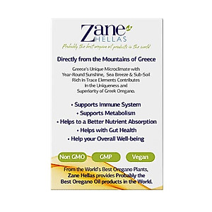 Zane Hellas 190 mg Oregano Oil-164 mg Carvacrol per Serving-4 Drops Daily. 100% Greek Undiluted Oil of Oregano. 86%-90% Min Carvacrol. Probably The Best Oregano Oil in The World. 1 fl. oz.- 30ml