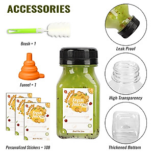 TOMNK 105pcs 4oz Shot Bottles with Caps, Reusable Mini Juice Bottles with Lids, Labels, Funnel and Brush Beverage Containers for Juicing, Milk and Beverages