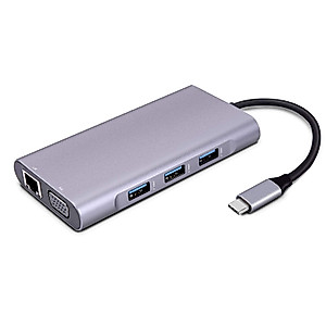 USB C Hub 10 in 1 Type C Hub with Ethernet, 4K USB C to HDMI, VGA, PD Power Delivery, 3 USB 3.0 Ports, USB C to 3.5mm, SD/TF Cards Reader for MacBook/Pro/Air and Type C Windows Laptops