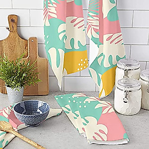 Kitchen Towels Dish Towel Set of 1,Morandi Palm Leaves Teal Pink Absorbent Hand Towels Cleaning Dishcloth Tea Towels,Mid Century Tropical Botanical Reusable Drying Dish Cloths