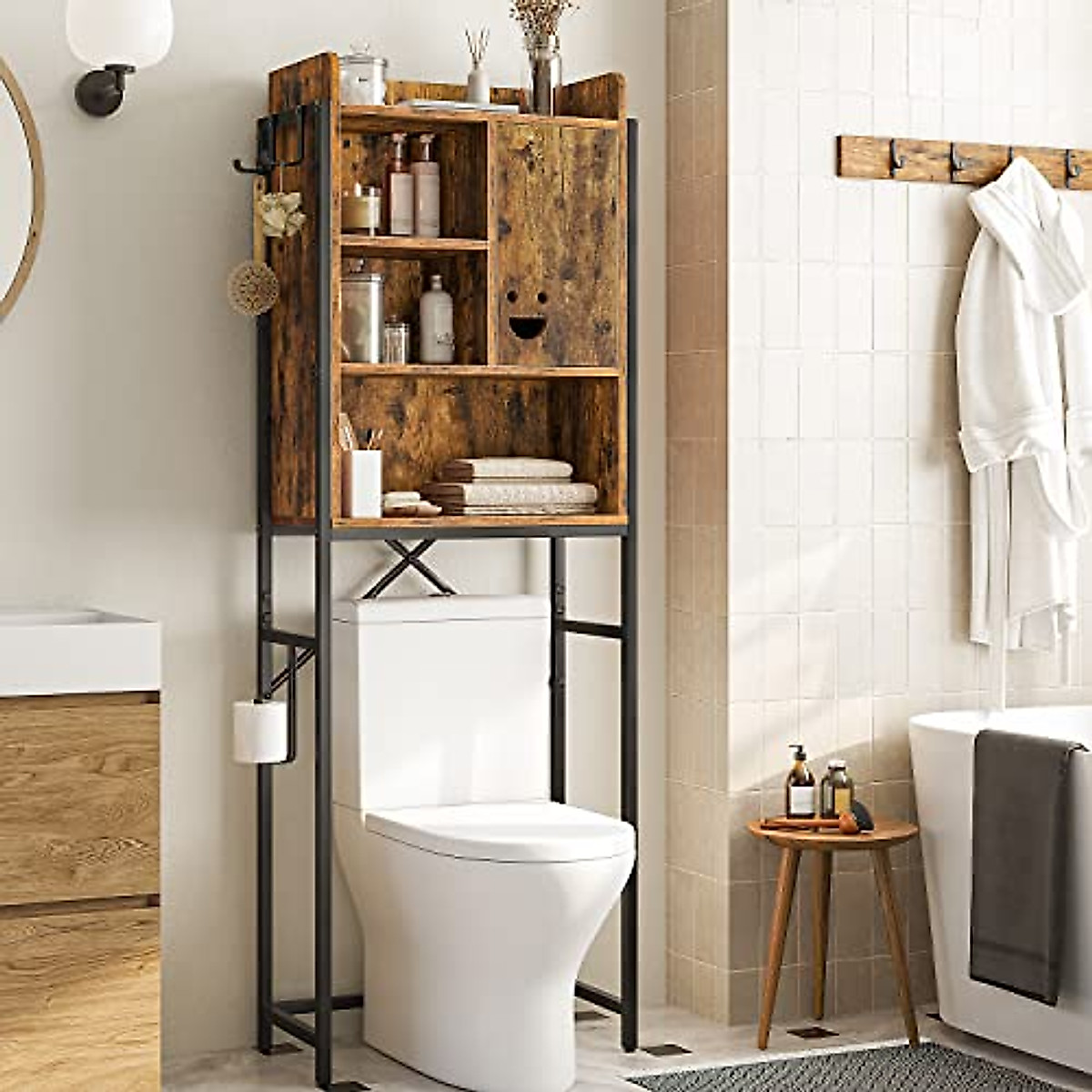 MASHOOPS Over The Toilet Storage Cabinet, Bathroom Organizer Over Toilet, Multifunctional Freestanding Space Saver Cabinets with Adjustable Shelf Paper Hook with Smiling-Door, Rustic Brown