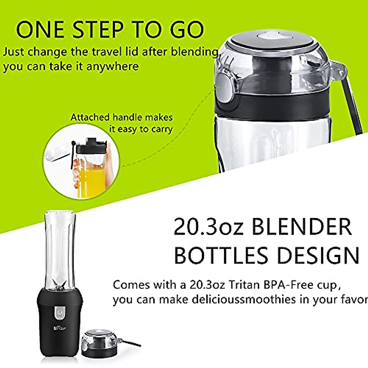 Bear Personal Blender for Shakes and Smoothies with 300W Small Single Serve Portable Countertop Blender, 20.3oz Tritan BPA Free Travel Blender Bottles,Black (Black B)