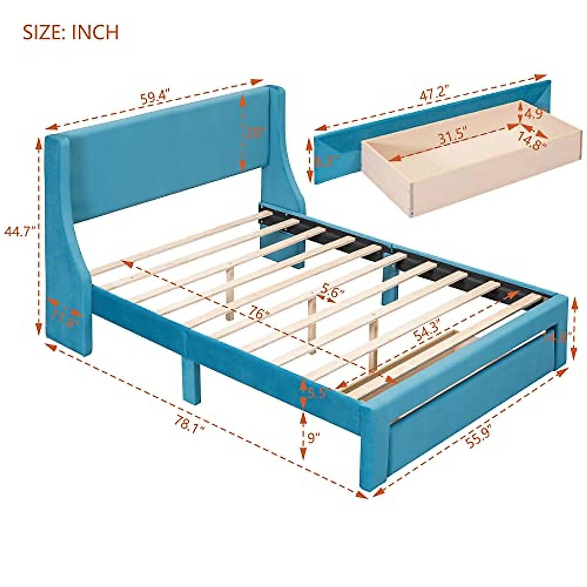 Full Size Platform Bed with a Big Drawer for Bedroom, Velvet Upholstered Storage Bed, No Box Spring Needed, Blue