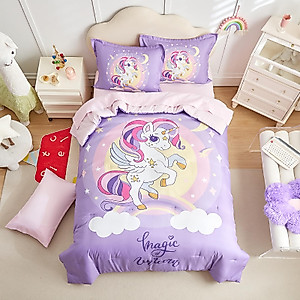 Girls Bed in a Bag Full Size Purple Unicorn Comforter Set with Rainbow Star - Soft Microfiber 7 Pcs Bedding Set (1 Comforter 2 Pillow Shams 1 Flat Sheet 1 Fitted Sheet 2 Pillowcases)