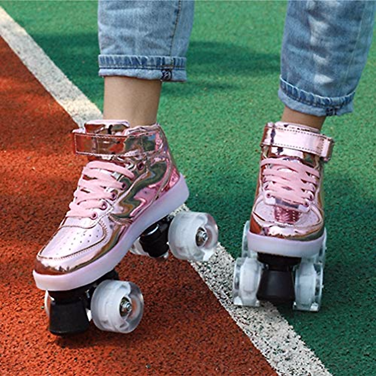 Women's Roller Skates High-top Girls Roller Skate Rechargeable Double Row Roller Skates Shiny Speed Skates for Boys Adults Teens Men Unisex with Shoe Bag (Silver,EU: 37-US: 6)