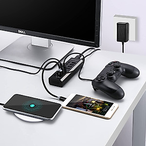 Powered USB Hub RSHTECH 7 Ports USB 3.0 Hub with 4 High Speed Data Transfer Ports + 3 Fast Charging Ports,36W 12V/3A Power Adapter and Individual On/Off Switches(A37-Black)