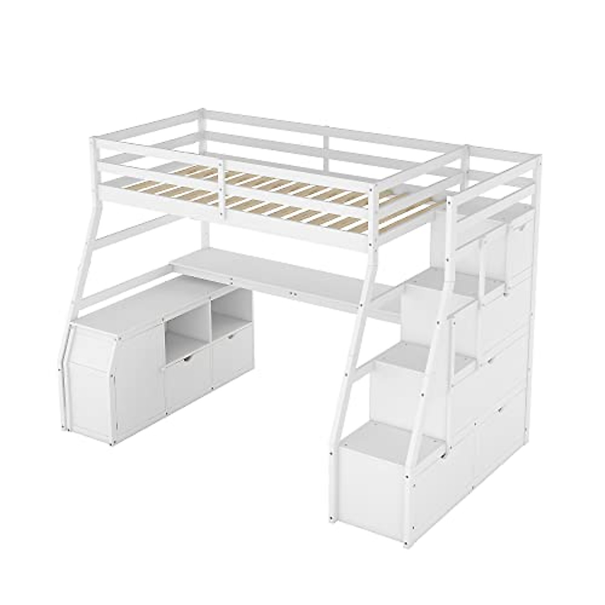 Merax Loft Bed Twin Size, Wooden Frame with Desk and Storage, Space-Saving Design with Convenient Multi-Drawers & Cabinet, for Teens Adults (White)