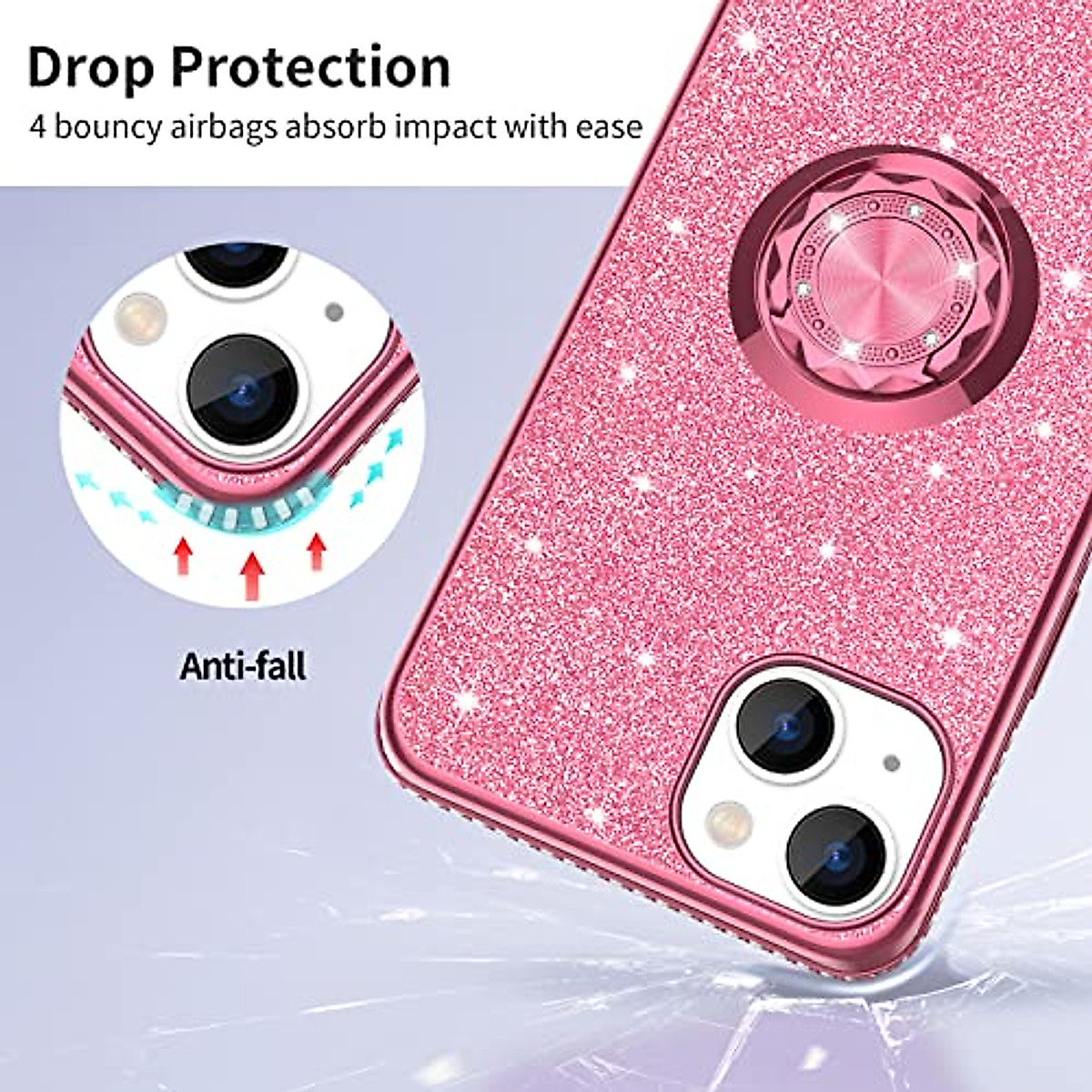 OCYCLONE iPhone 14 (6.1") Glitter Diamond Case with Ring Stand - Pink, Women & Girls