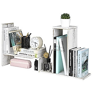MyGift Adjustable Whitewashed Solid Wood Desktop Storage Organizer Display Shelf Book Rack, Office Desk Bookshelf