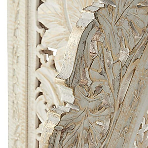 Deco 79 Wood Floral Handmade Hinged Foldable Arched Partition 4 Panel Room Divider Screen with Intricately Carved Designs, 60" L x 2 "W x 72"H, White