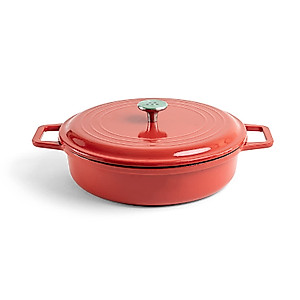 Misen Enameled Cast Iron Braiser Pan with Lid - Shallow Depth for Braising & Poaching - Durable Cookware - Oven Safe - Easy Handling - Chip-Resistant Enamel - Multi-Purpose Cooking - Red
