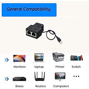 RJ45 Network Splitter Adapter,Wuedozue 1 to 2 Dual Female USB to RJ45 Port with USB Power Cable LAN Interface Ethernet Socket Connector 8P8C Extender Plug Go Online Simultaneously for Cat6, Cat7