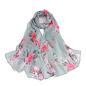 AliceLife Print Silk Feeling Scarf Fashion Scarves Lightweight Sunscreen Shawls for Women (peach blossom&Green)