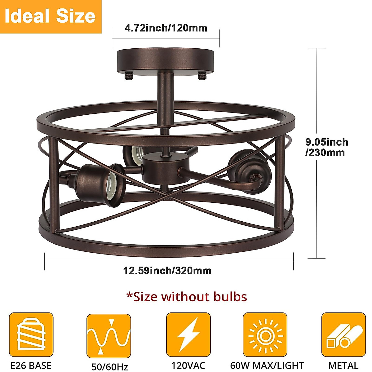 SunRider Industrial 3-Light Semi Flush Mount Ceiling Light, Bronze Farmhouse Lighting Fixture with Metal Cage, Retro Pendant Lamp for Hallway Kitchen