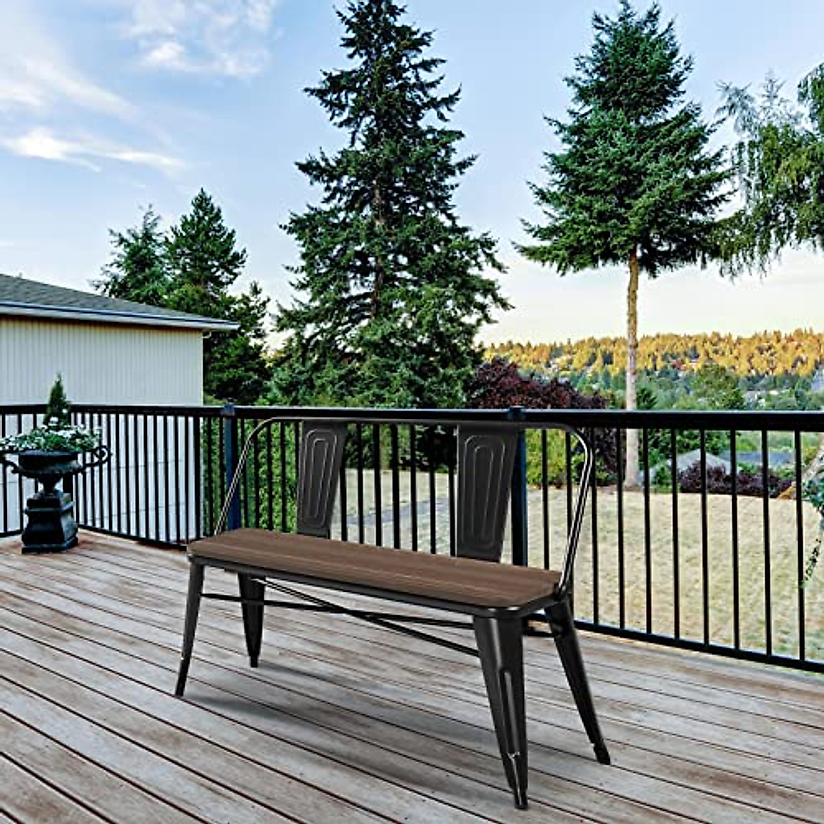 Yaheetech Industrial Metal Bench Mid-Century 3 Person Chair Dining Room Long Farmhouse Bench with Wood Seat,Removable Backrest,Black