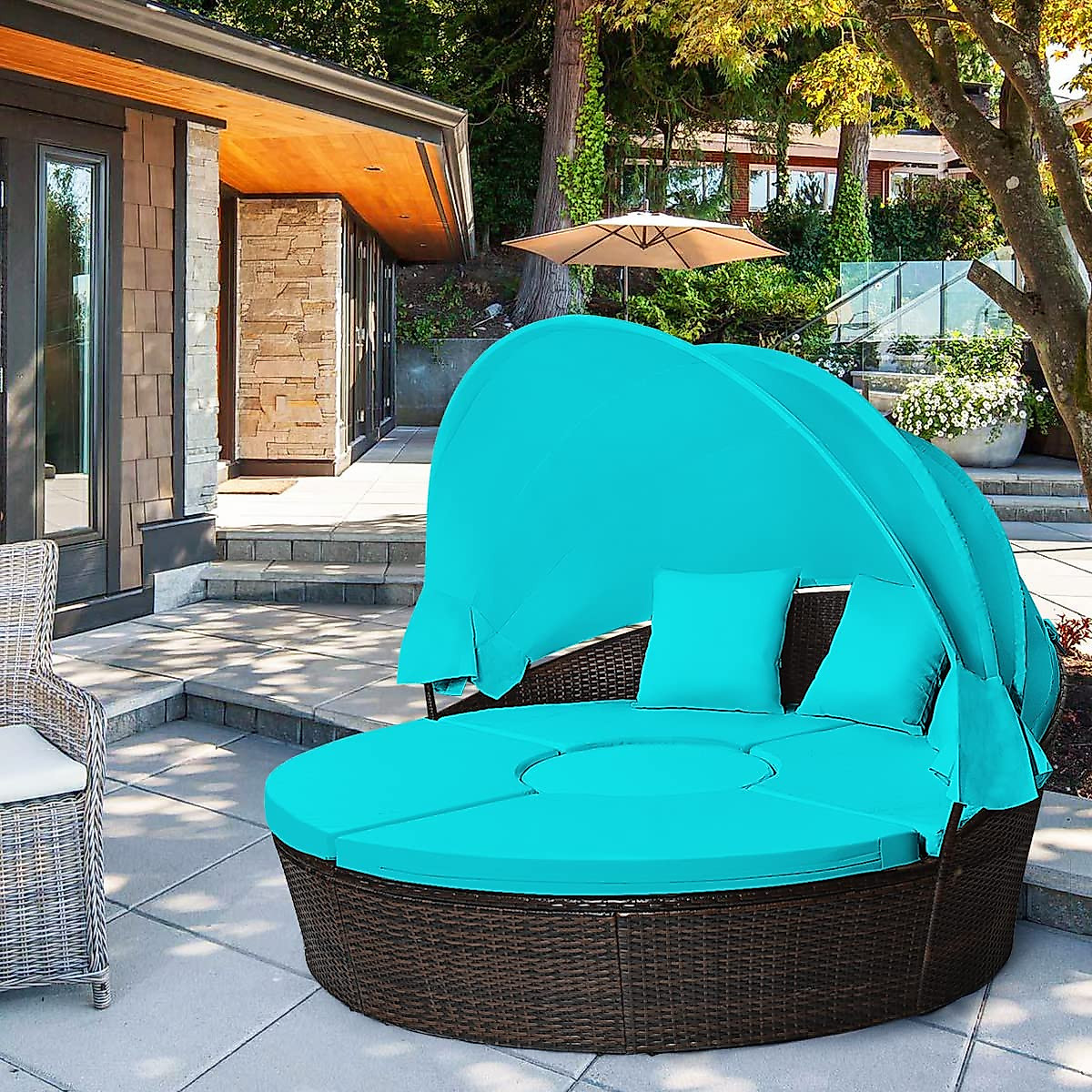 Tangkula Patio Round Daybed with Retractable Canopy, Outdoor Wicker Rattan Furniture Sets, Sectional Cushioned Sofa Set w/Height Adjustable Coffee Table, Rattan Conversation Sets (Turquoise)