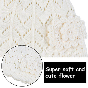 Bamery Winter Little Girls' Beanie Hat Cute Toddler Girl Knitted Hat Cotton Warm Hats for Under 6 Years (Rectangular Flower White, S/0-6m)
