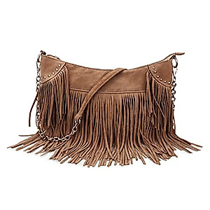 HOXIS Studded Tassel Faux Suede Leather Hobo Cross Body Chain Shoulder Bag Women’s Satchel (Brown)