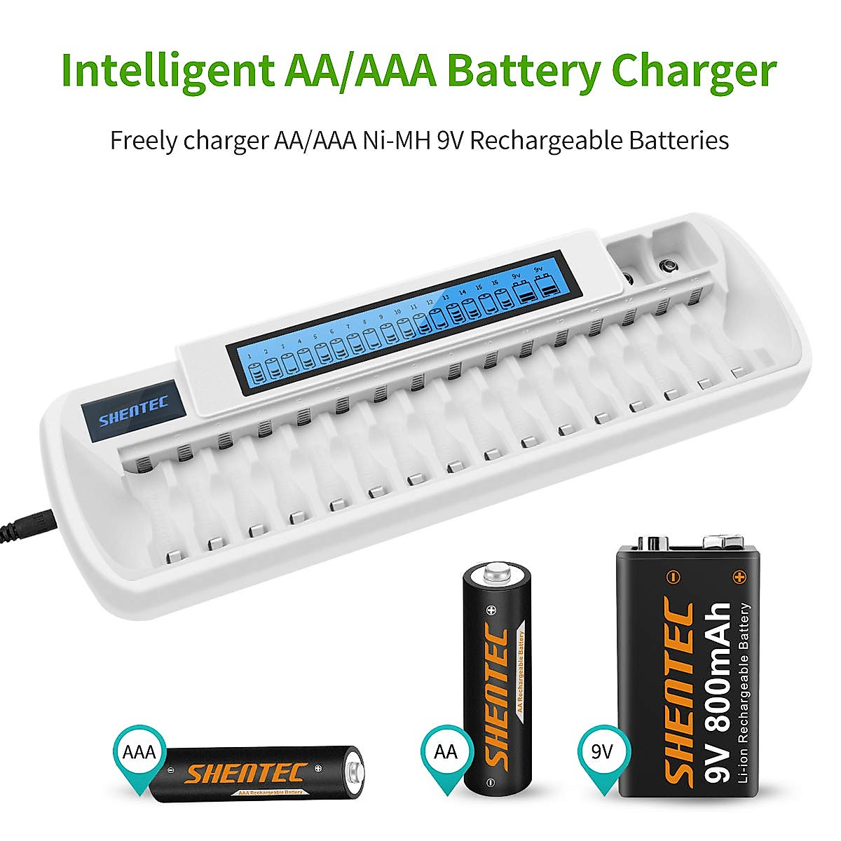 Shentec 16+2 Bay Smart Rechargeable Battery Charger with LCD Display for AA AAA NiMH Batteries & Li-ion 9V Rechargeable Batteries with AC Wall Adapter (Not Fit for AA AAA Li-ion Batteries)